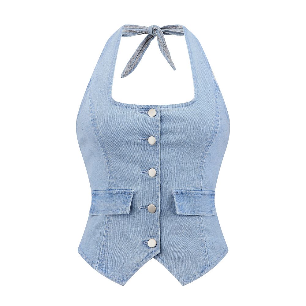 Backless Denim Waistcoat for Women's Self-Tie Halter Neck Vest