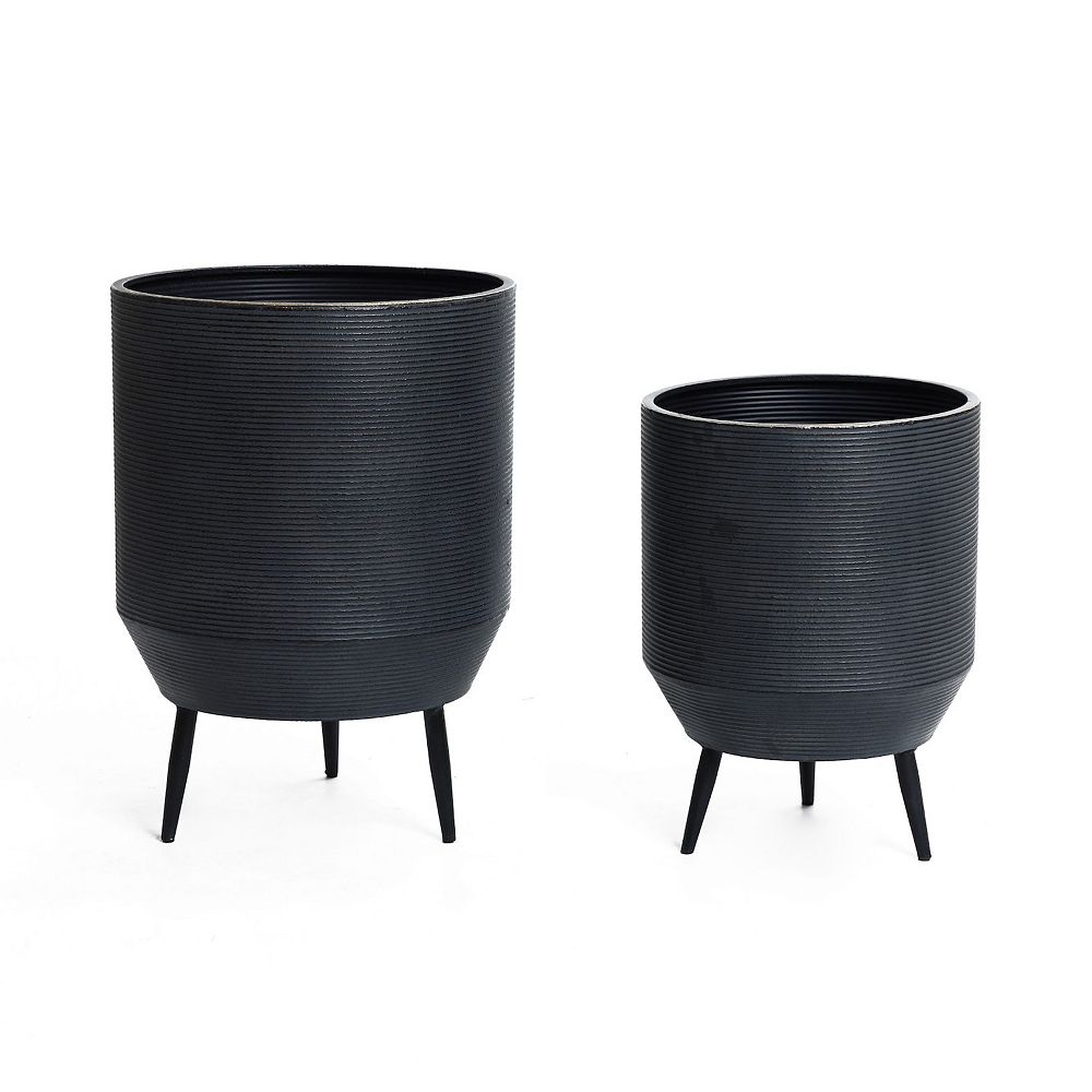LuxenHome Set of 2 Black Round Metal Cachepot Planters with Tripod Legs