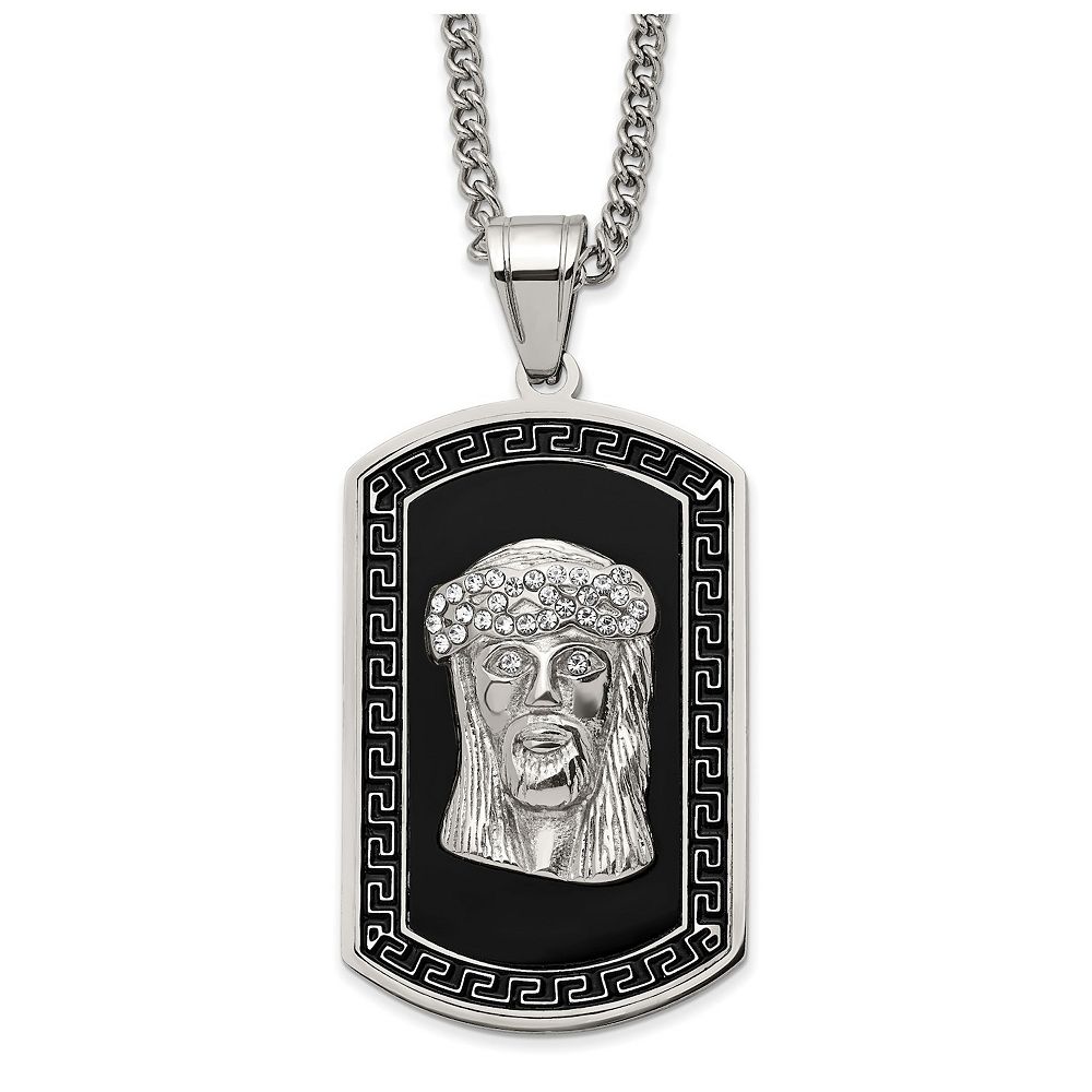 Men's Kristen Kesho Stainless Steel Enameled Crystal Jesus Dog Tag Necklace