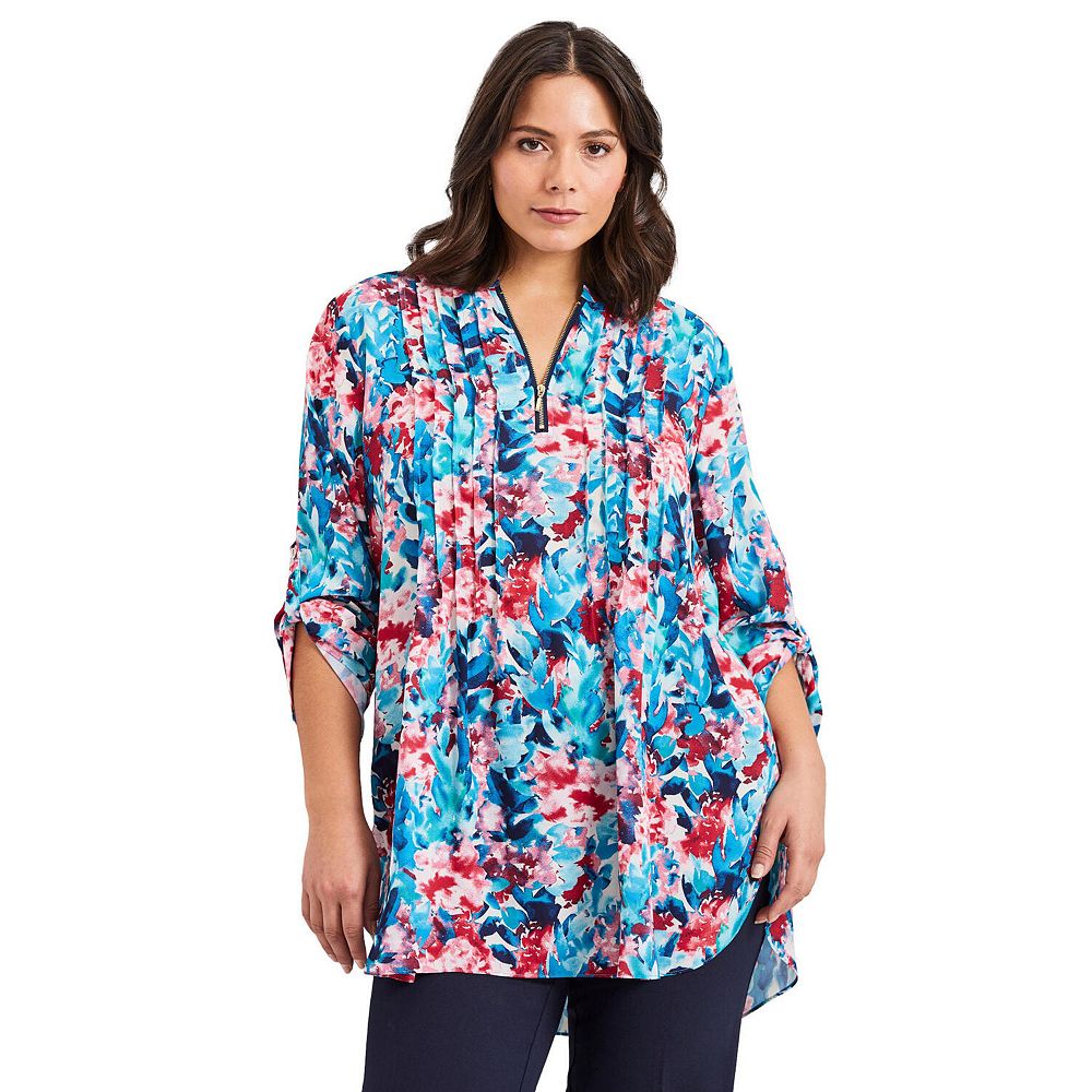 Avenue Women's Plus Size Roll Tab Zip Front Tunic