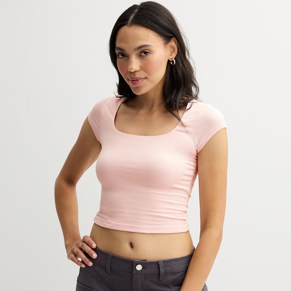 Juniors' Harper & Ivy Short Contour Sleeve Squareneck Top