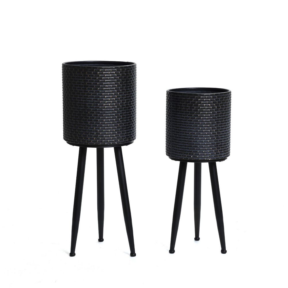 LuxenHome Set of 2 Black Dimpled Metal Cachepot Planters with Black ...