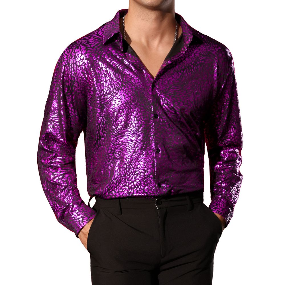 Metallic Animal Shirts for Men Long Sleeves Button Down Shiny Leopard ...