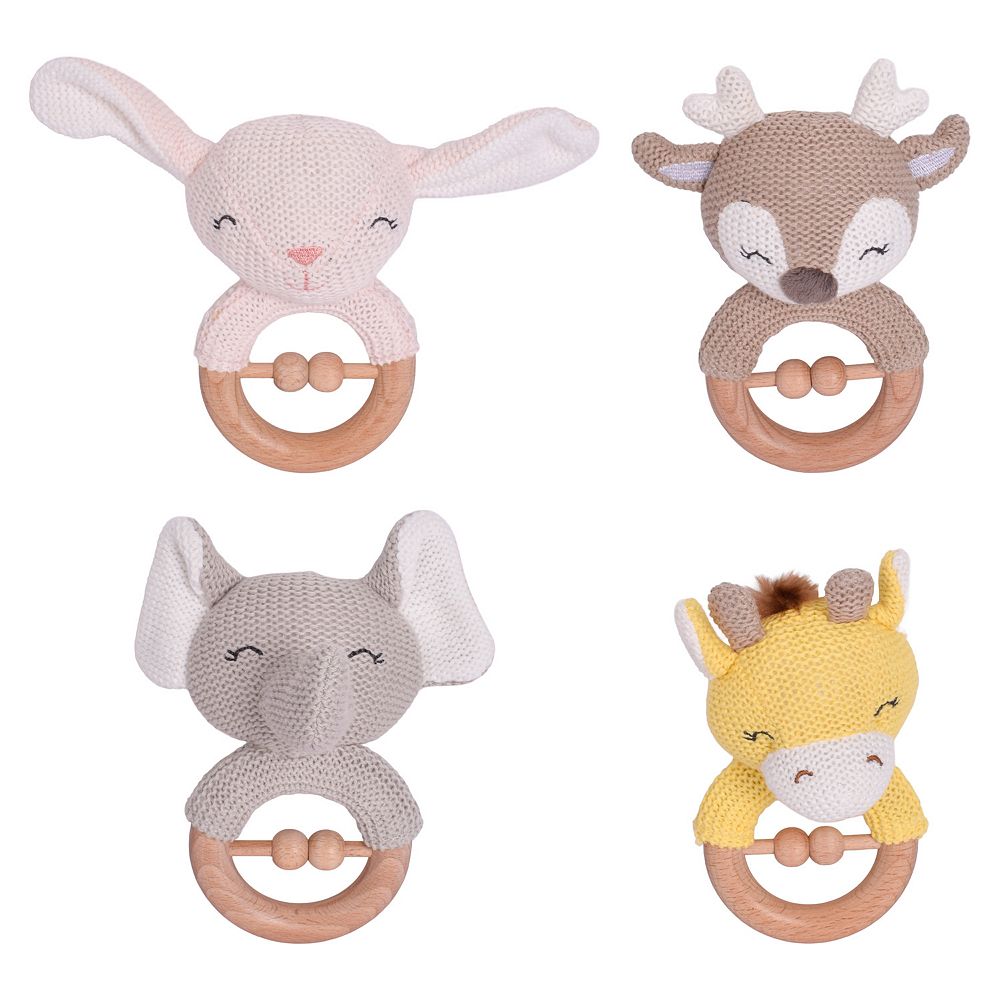 Sunny Days Entertainment Plush Animal Teether Rattle with Wooden Ring ...
