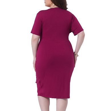 Plus Size V Neck Ruched Wrap Dress with Belt Summer Pleated Bodycon Midi Dress for Curvy Women