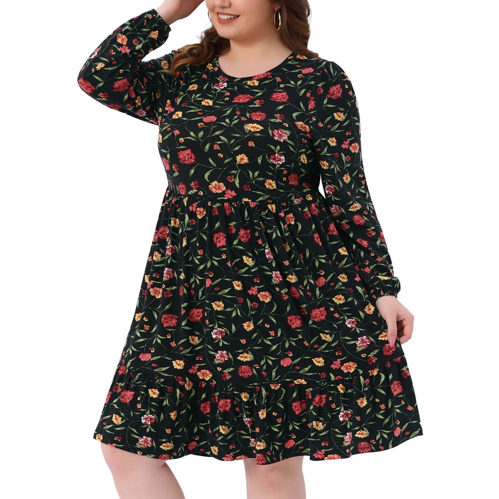 Plus Size Fall Dress for Women Round Neck Long Sleeve Pleated Tiered ...