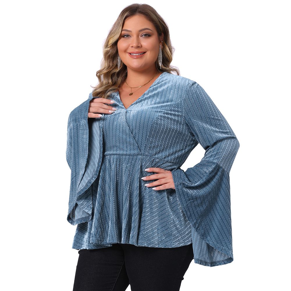Plus Size Velvet Tops for Women Faux Wrap V Neck Bell Long Sleeve ...