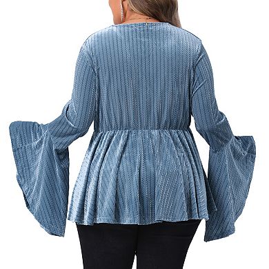 Plus Size Velvet Tops for Women Faux Wrap V Neck Bell Long Sleeve ...