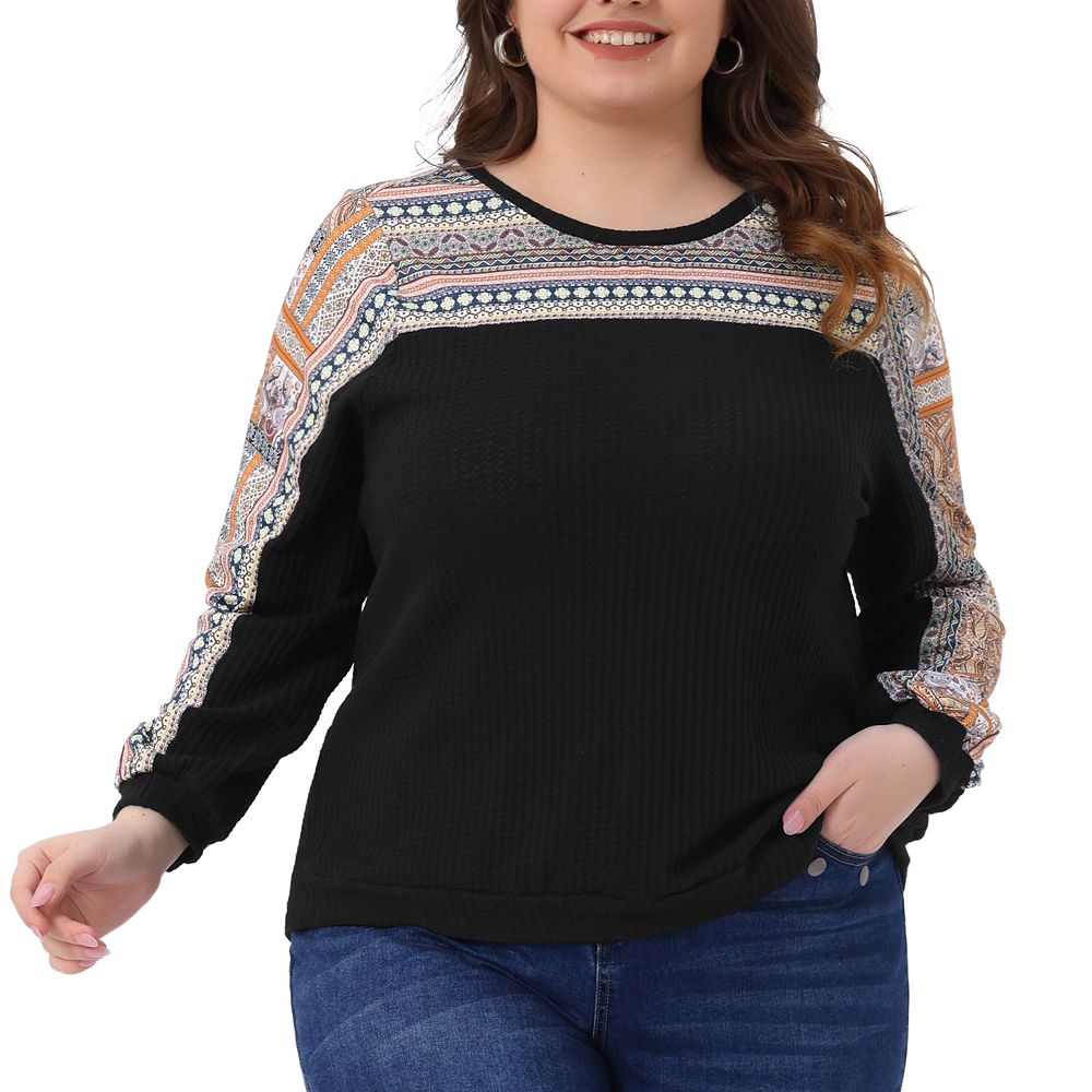Plus Size Boho Tops for Women Round Neck Bohemian Print Panel Long ...