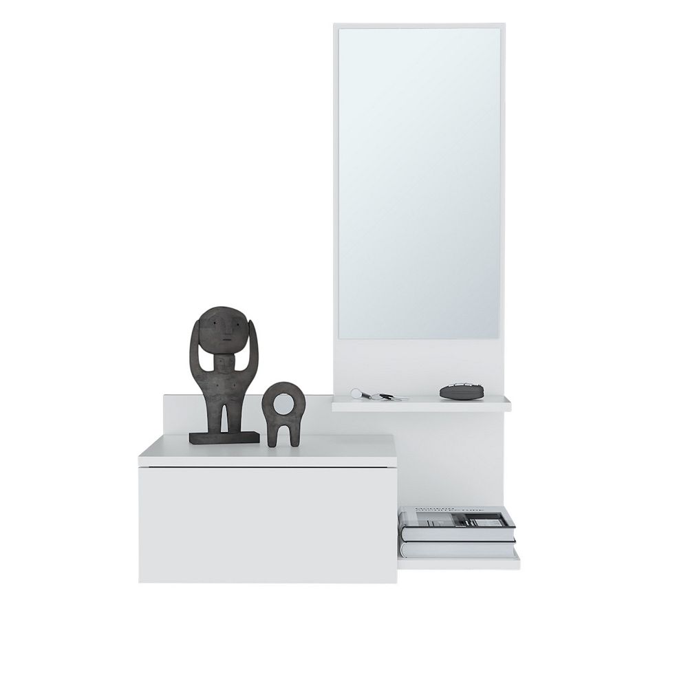 13.70 Inch Modern Entryway Bench with Mirror and Storage Shelves