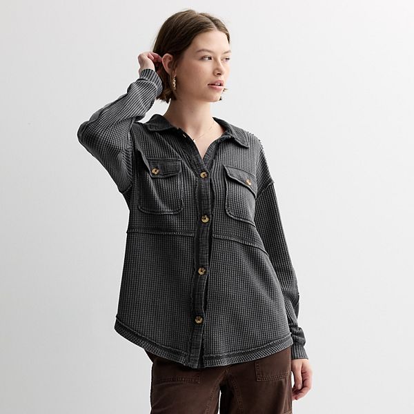 Juniors' Rewind Button Front Knit Shacket