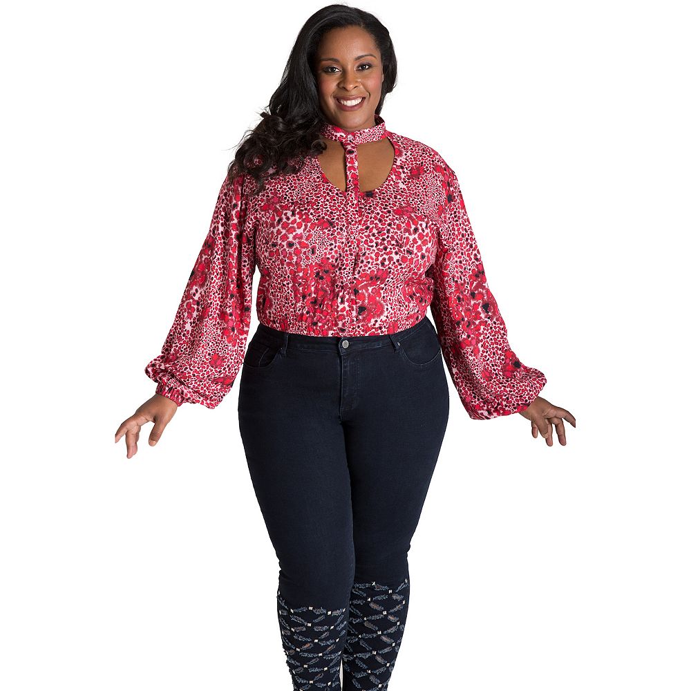 Plus Size Curvy Women's Leopard Print Puff Sleeve Caged Tops