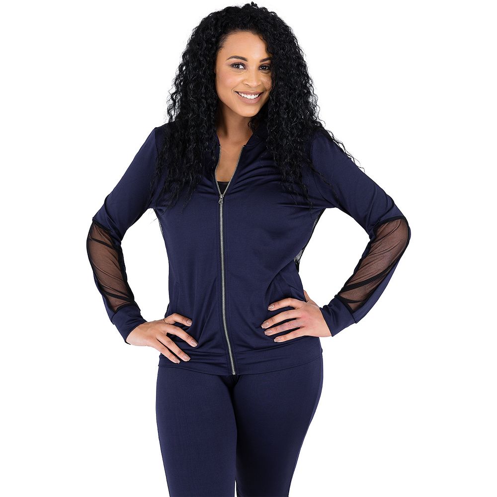 Curvy Womens Navy Zip Up Activewear Tracksuit Jacket Sheer Panels