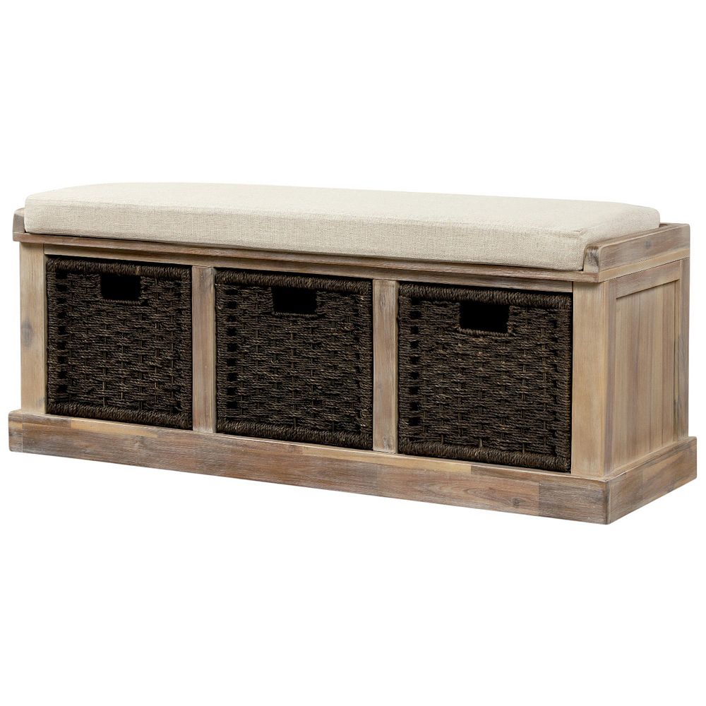 43.70 inches Rustic Wooden Storage Bench with Upholstered Cushion Top