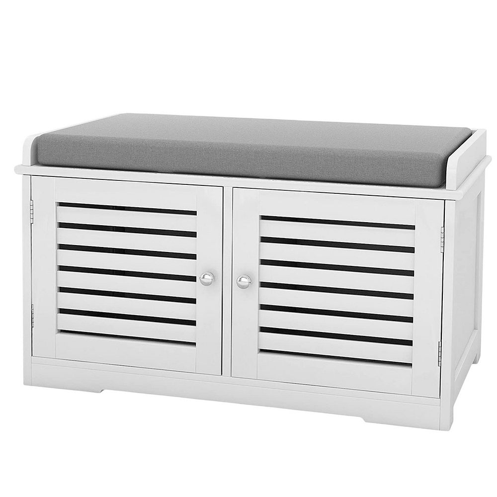 28.74 inch Wooden Storage Bench with Cushioned Seat and Louvered ...