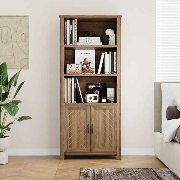 Farmhouse 5-Tier Bookshelf with Doors - Wooden Storage Bookcase with ...