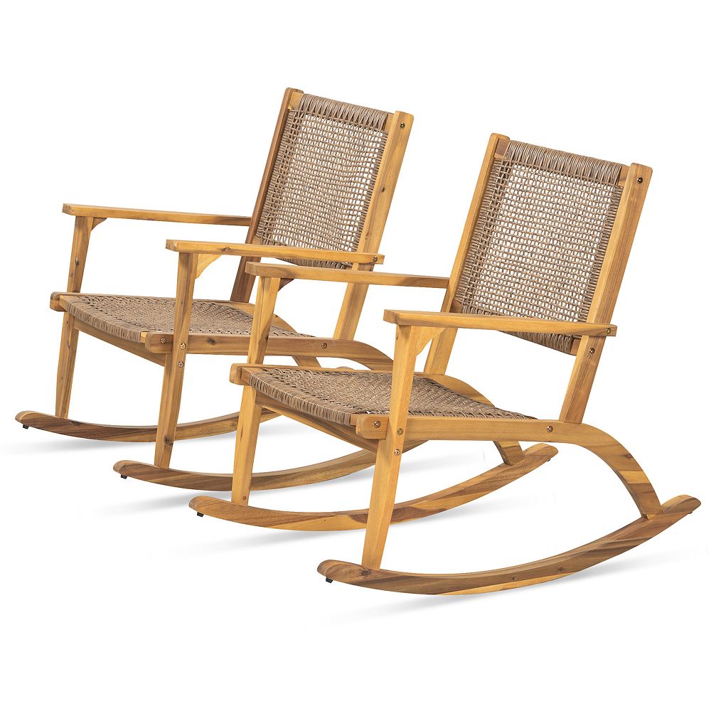 Merax 2-Piece Acacia Wood Patio Rocking Chair Set with Wicker Rattan ...