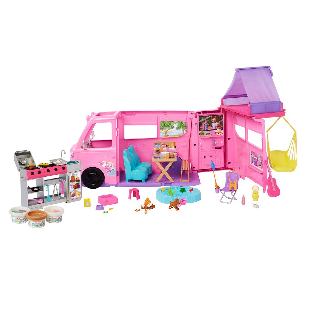 Barbie Dream Camper Playset with Roof Tent, BBQ Grill & 60-piece ...