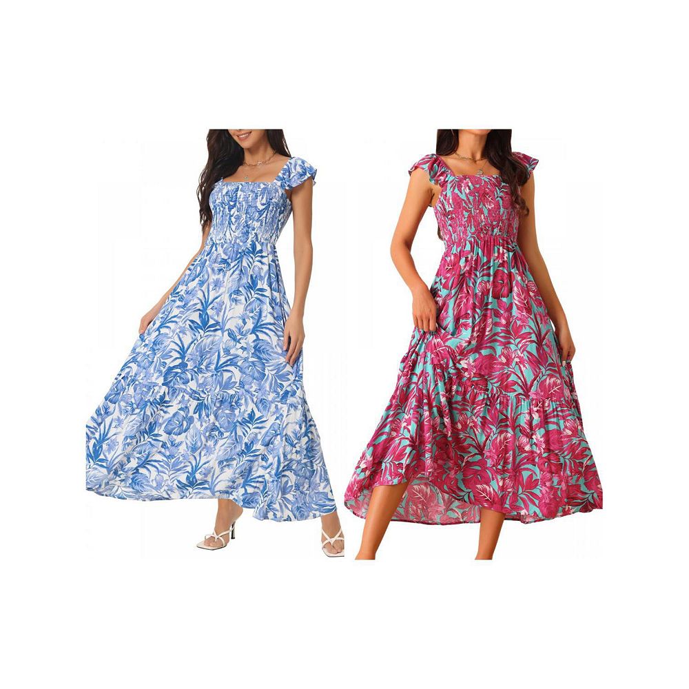 2 Packs Women's Summer Smocked Beach Dresses Square Neck Sleeveless ...