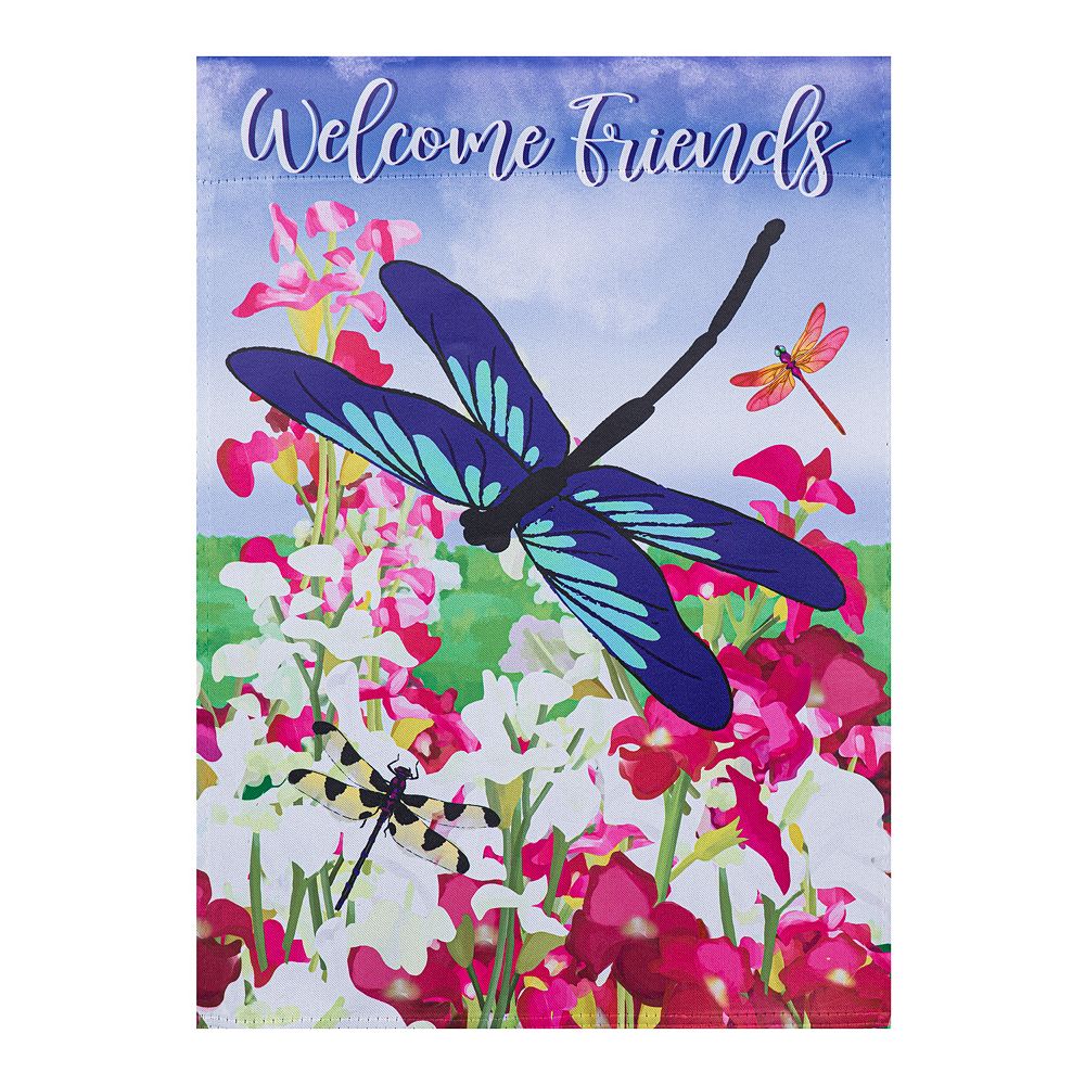Welcome Friends Dragonfly Suede Garden Flag