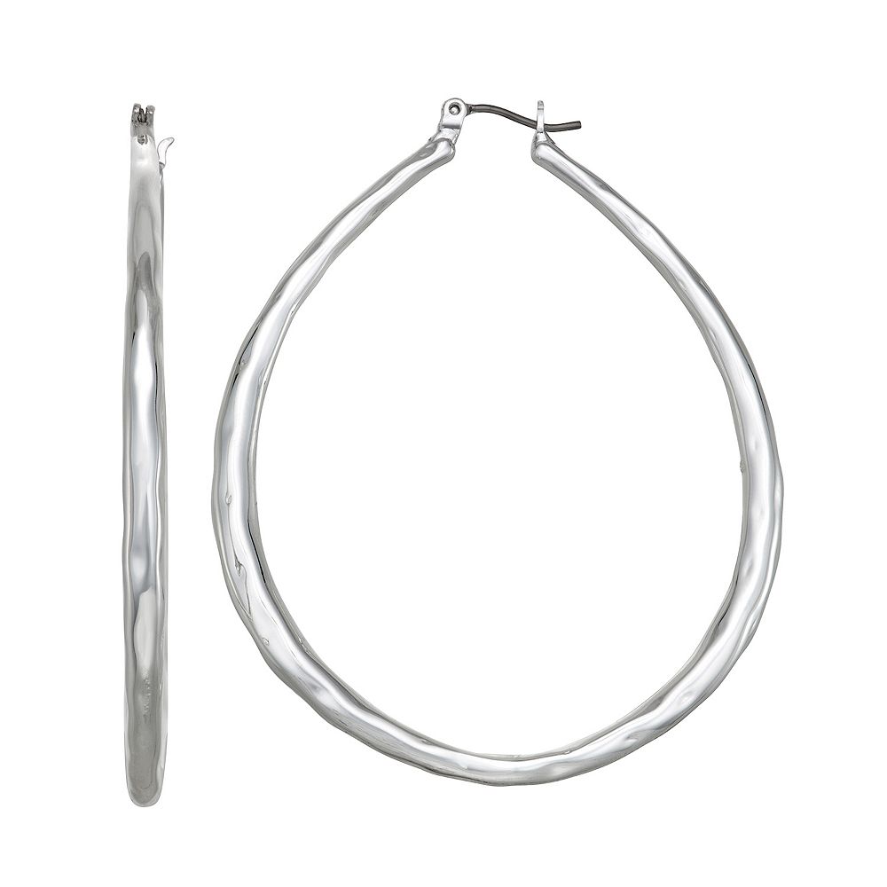 Nine West Silver Tone Hammered Hoop Click It Earrings