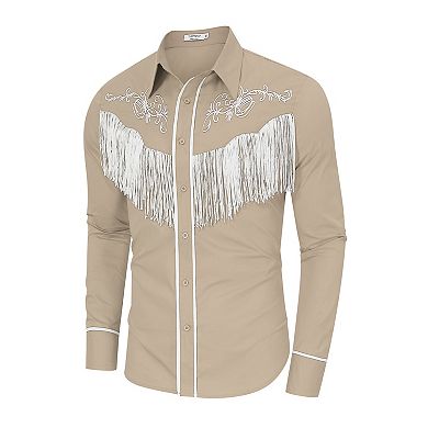 Men's Western Cowboy Fringe Shirts Long Sleeve Embroidered Slim Fit Casual Button Down Shirts