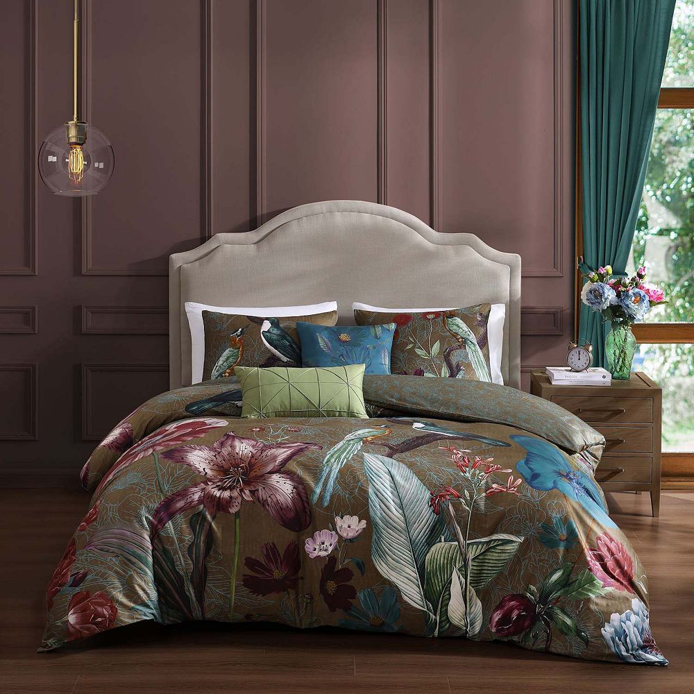 Bebejan Birds on Chocolate Brown 100% Cotton Sateen 5 Piece Reversible ...