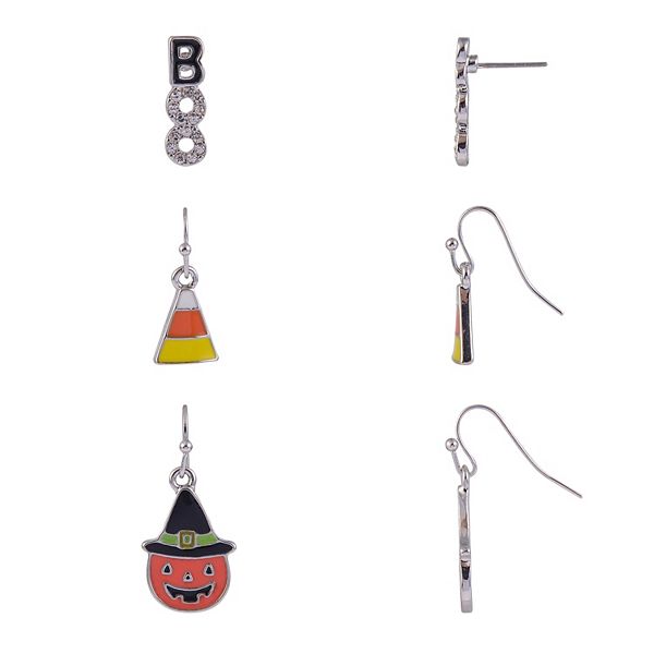 3-Pair Boo, Jack-O-Lantern & Candy Corn Drop Earring Trio Set