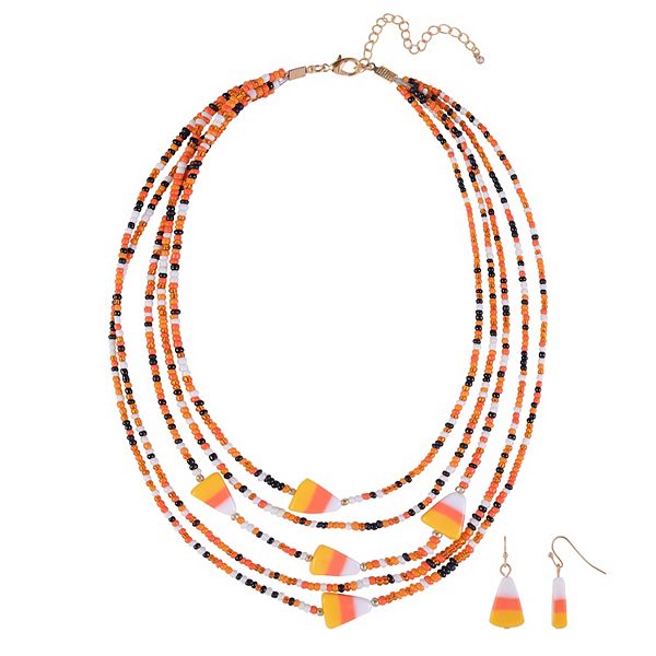 Gold Tone Multi Row Seedbead Candy Corn Necklace and Drop Earring Set
