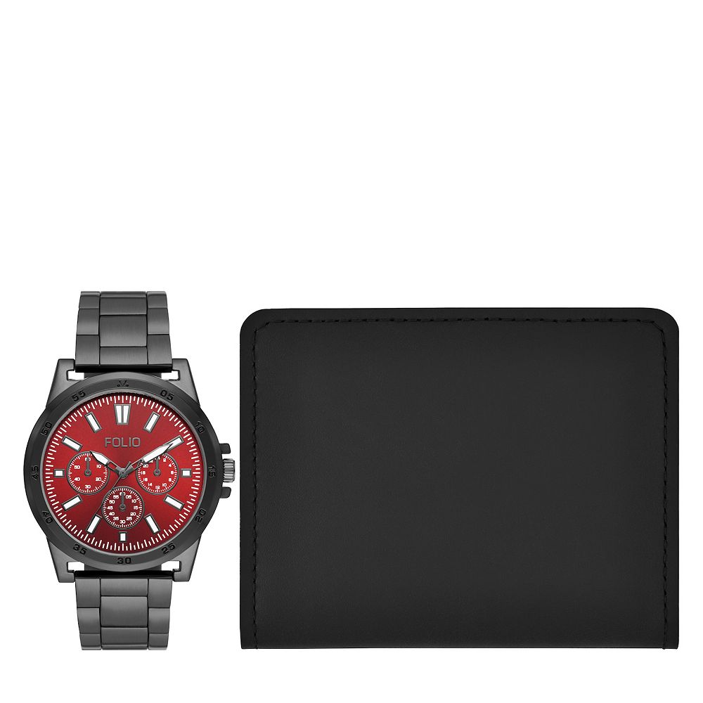 Folio Men's Gunmetal Bracelet Watch & Black Wallet Set