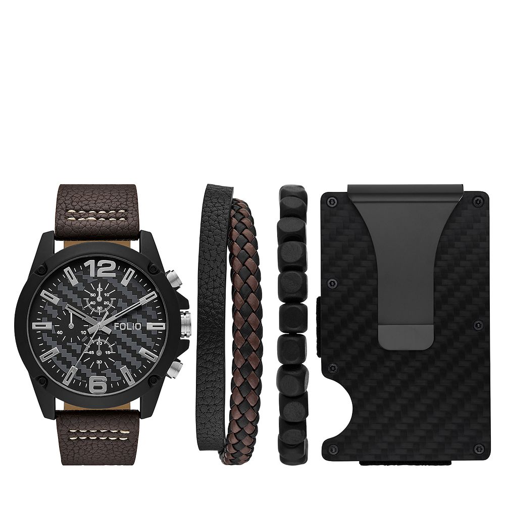 Folio Men's Chronograph Leather Strap Watch, Bracelets & Wallet Set