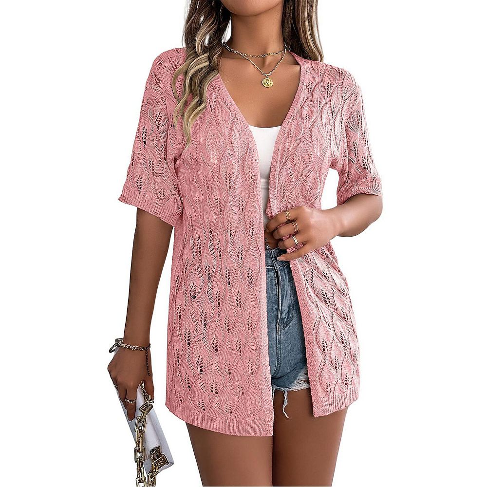 Women's Lightweight Crochet Cardigan Sweater Short Sleeve Knit Hollow ...