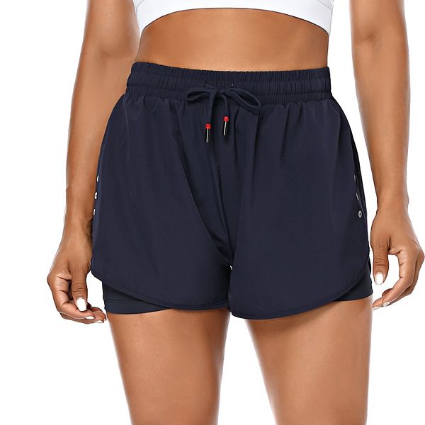 Womens Running Shorts Elastic High Waisted 2 in 1 Drawstring Quick Dry Yoga Workout Athletic Pocket