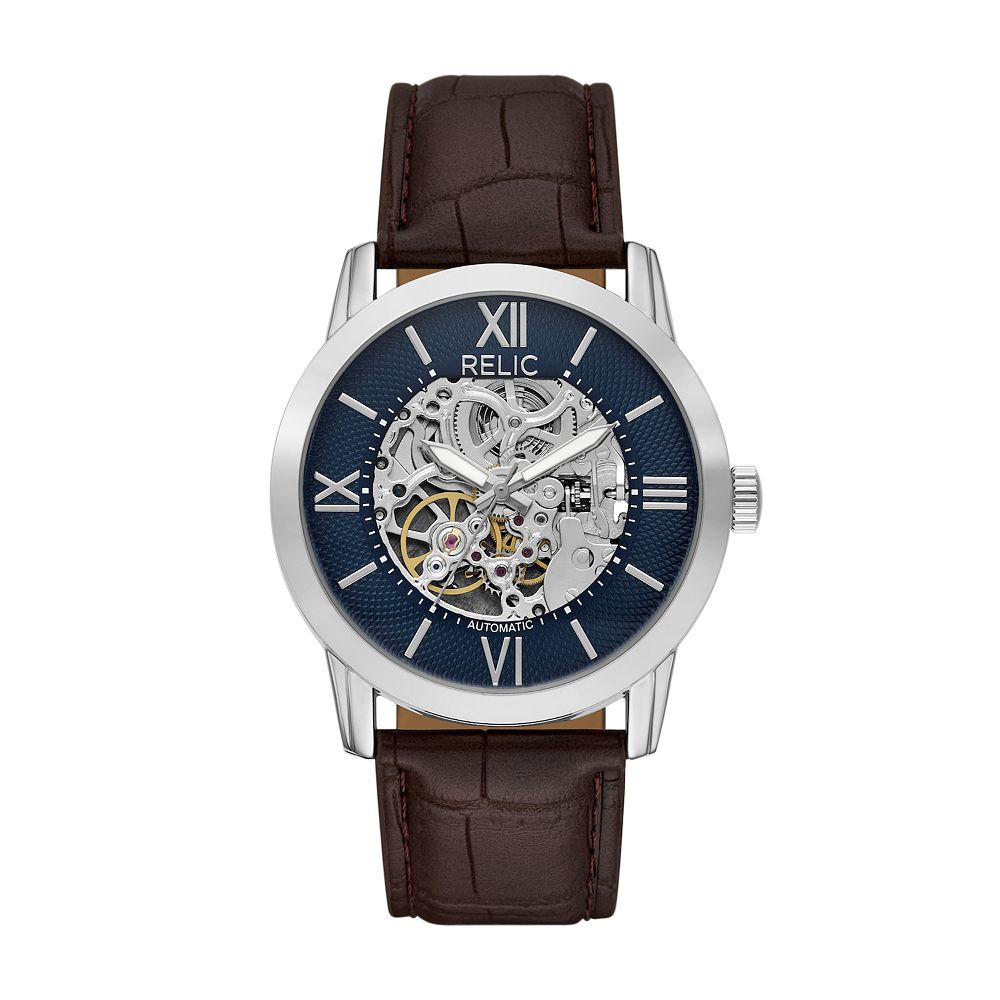 Relic by Fossil Men's Skeleton Dial Brown Faux Leather Strap Automatic ...