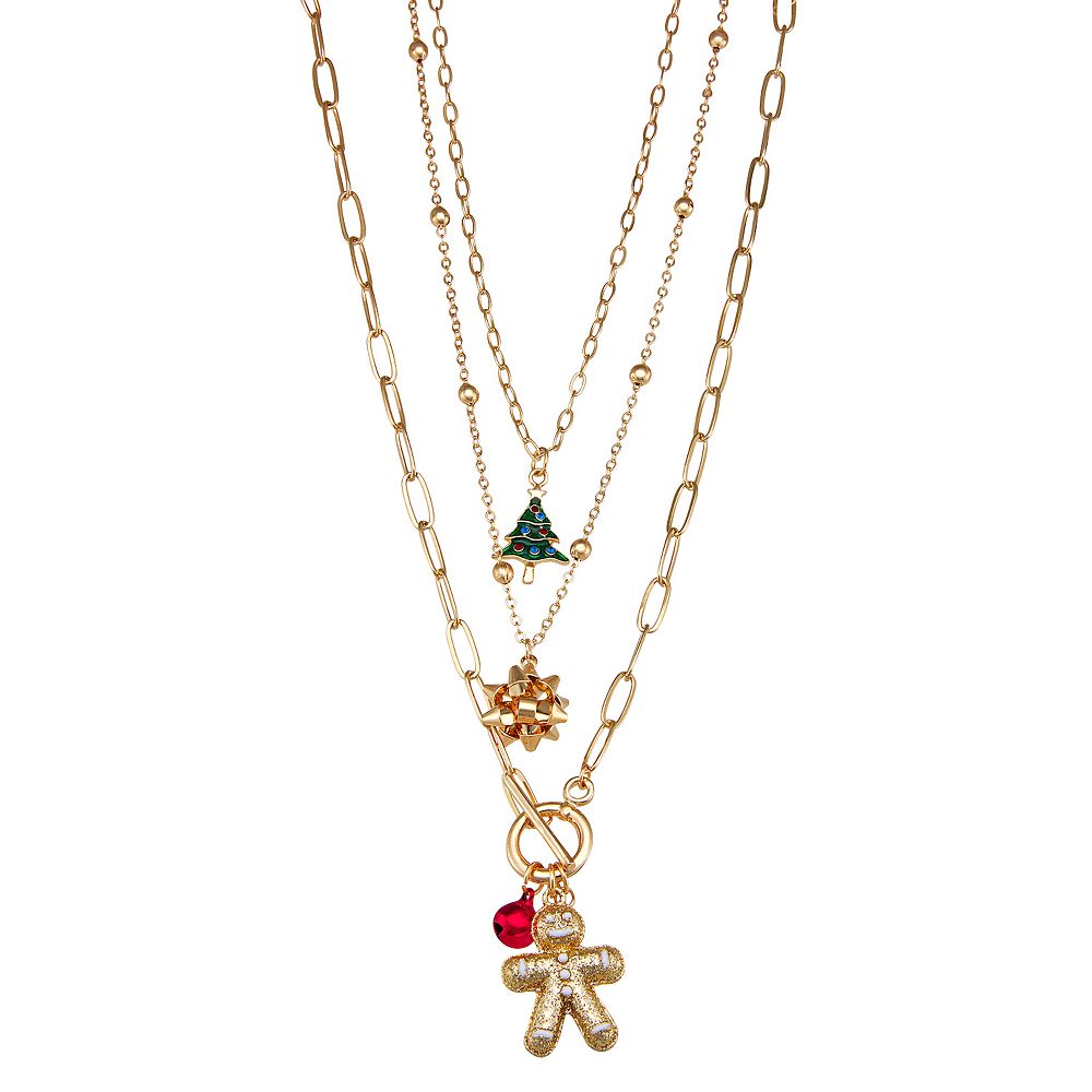Gold Tone Christmas Charm Layered Necklace