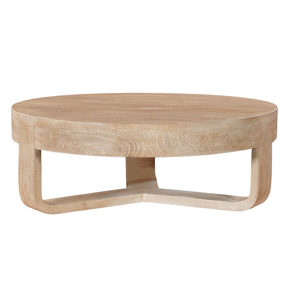 Milan Coffee Table, 32 Inch Round Top, Mango Wood with Sandblasted Natural Brown, Open Sled Base
