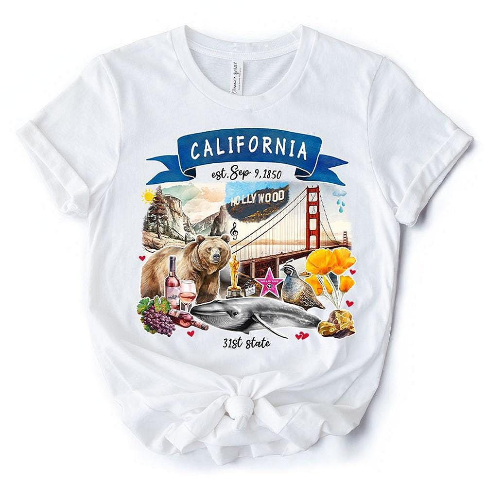 Artistic California State Themes and Landmarks T-Shirt, Tee for History ...