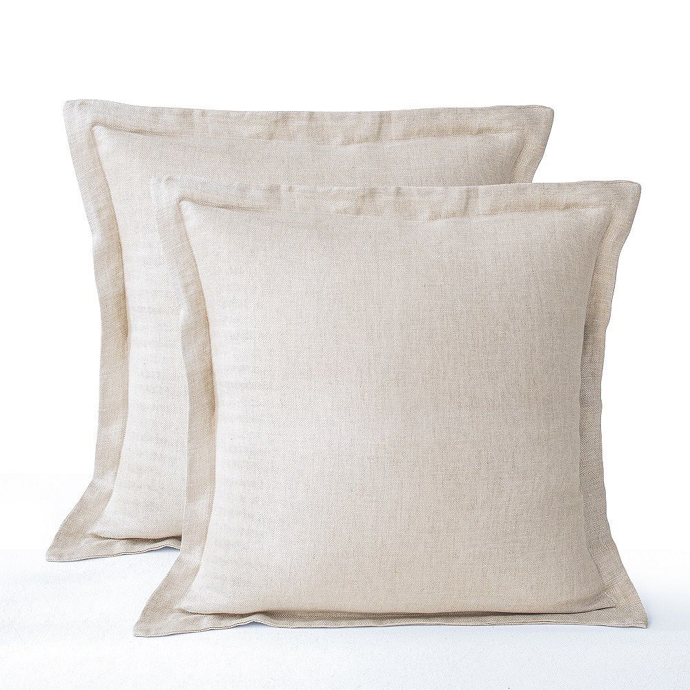 European Square Bed Pillows Set of 2, 100% Linen Herringbone with ...