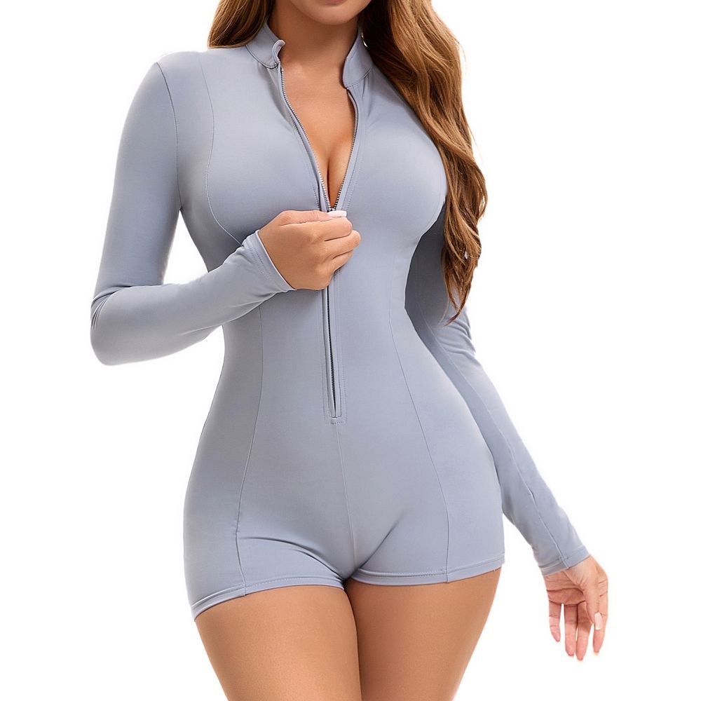 Women's Long Sleeve Front Zip Basic Bodysuit High Neck Tummy Control ...