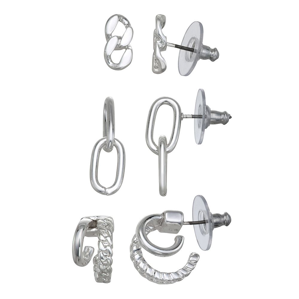 Nine West Silver Tone Chain Trio Post Earring Set