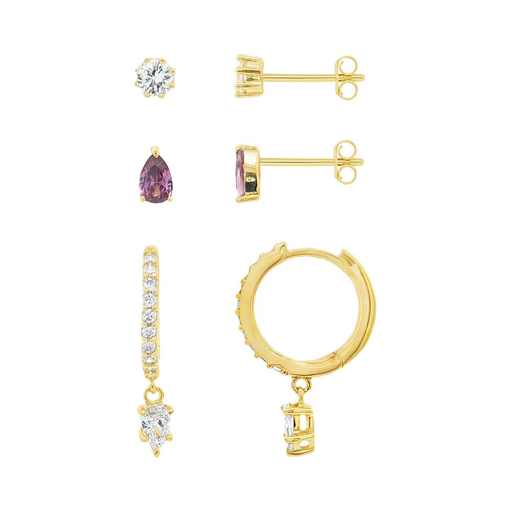 PRIMROSE 3-Pair 14k Gold Flash Plated Cubic Zirconia Stud & Hoop ...