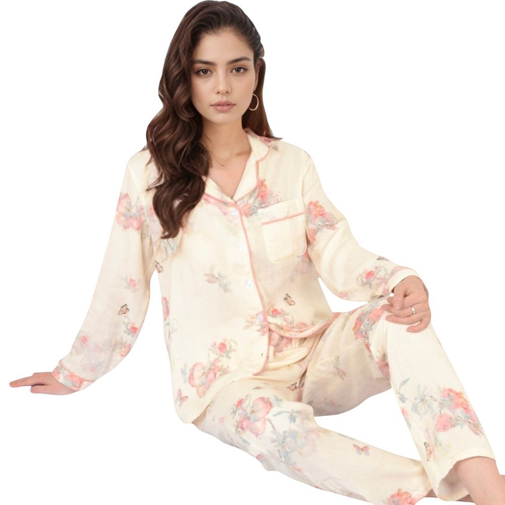 Women's Floral Butterfly Print Pajama Set with Button-Up Top Chest ...