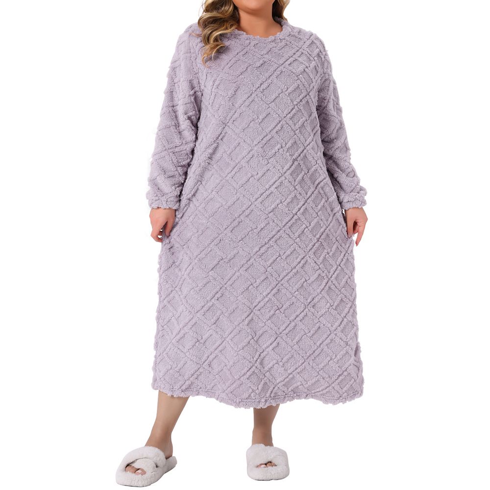 Plus Size Women's Cozy Long Sleeve Pajama Dress Fuzzy Loungewear Loose ...