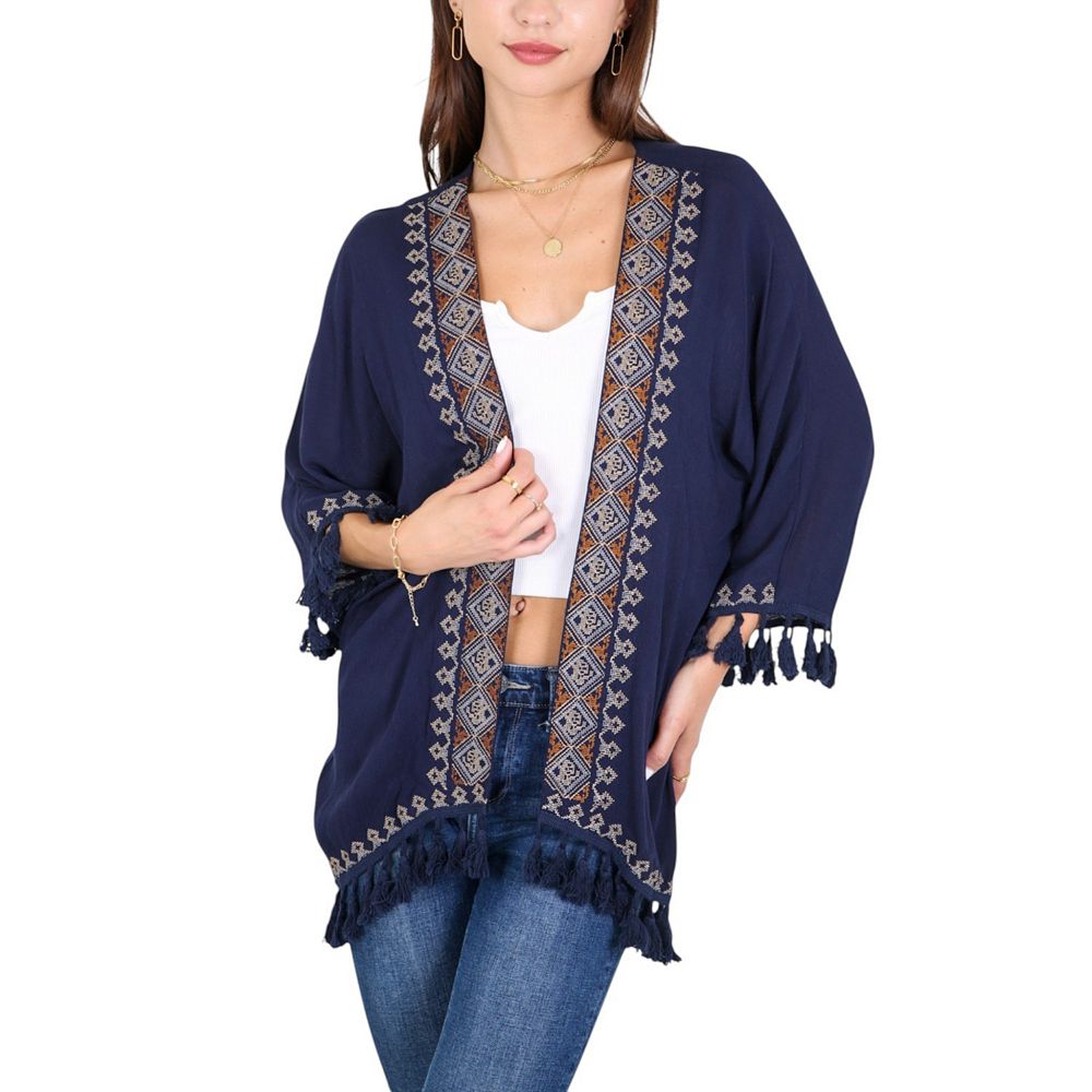 Women's Boho Tassel Duster with Unique Embroidery and 3/4 Sleeves