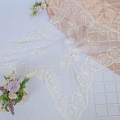 Women's Sheer Lace Neck Scarf with Embroidered Rose Floral Edging and ...