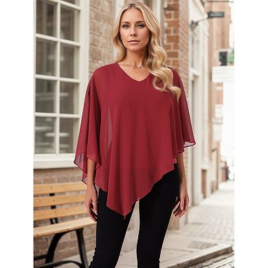 Women's Overlay Cape Top V Neck Flowy Chiffon Blouse Dressy Casual ...
