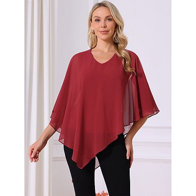 Women's Overlay Cape Top V Neck Flowy Chiffon Blouse Dressy Casual ...