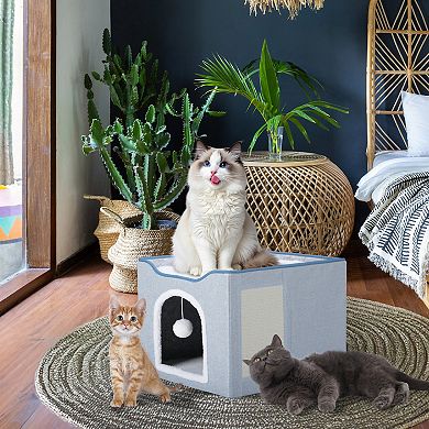 Aoodor Cat Cube House with Reversible Cushions and Fluffy Hanging Ball ...
