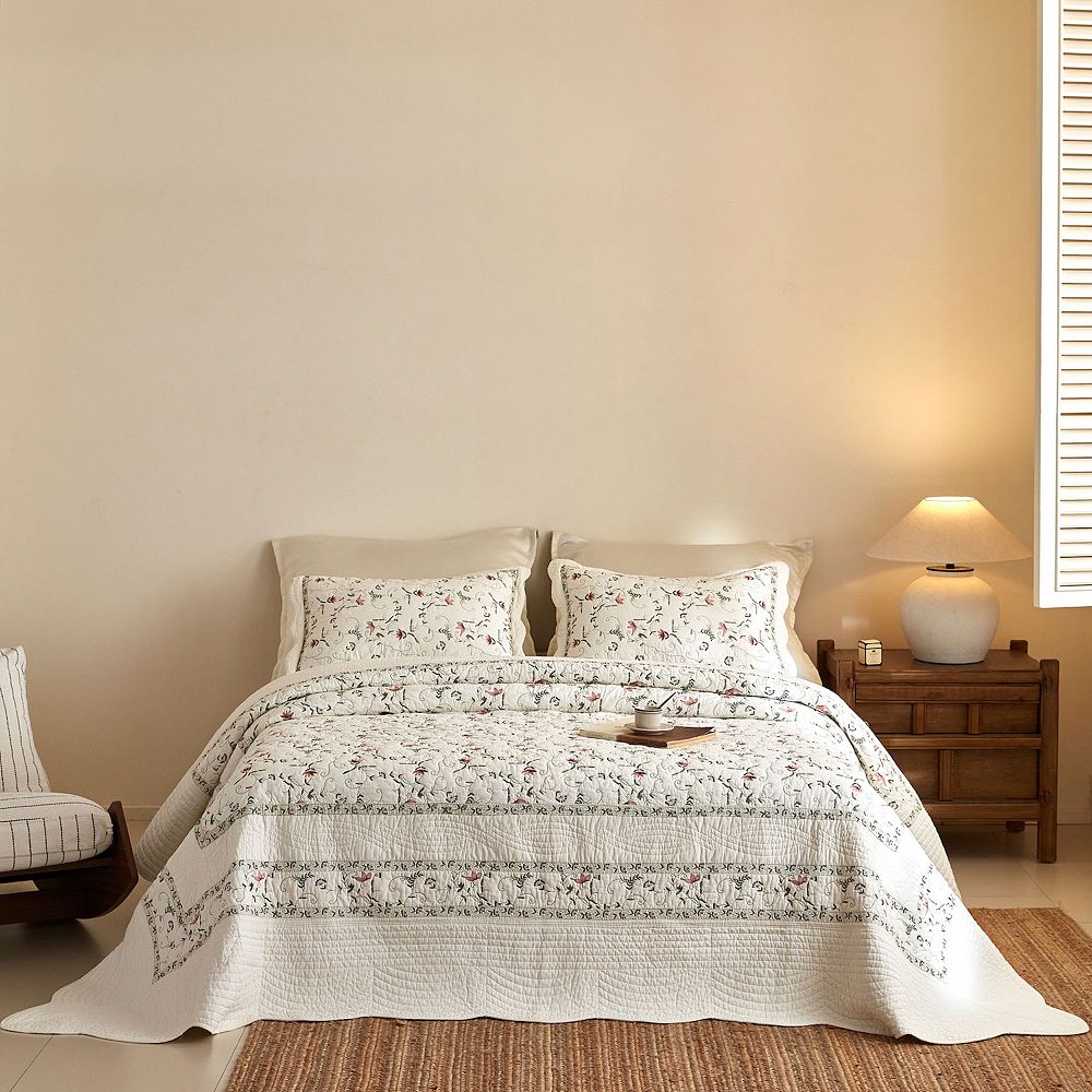 MarCielo 3Pcs 100% Cotton Embroidery Delicate Floral Quilt Bedspread Set