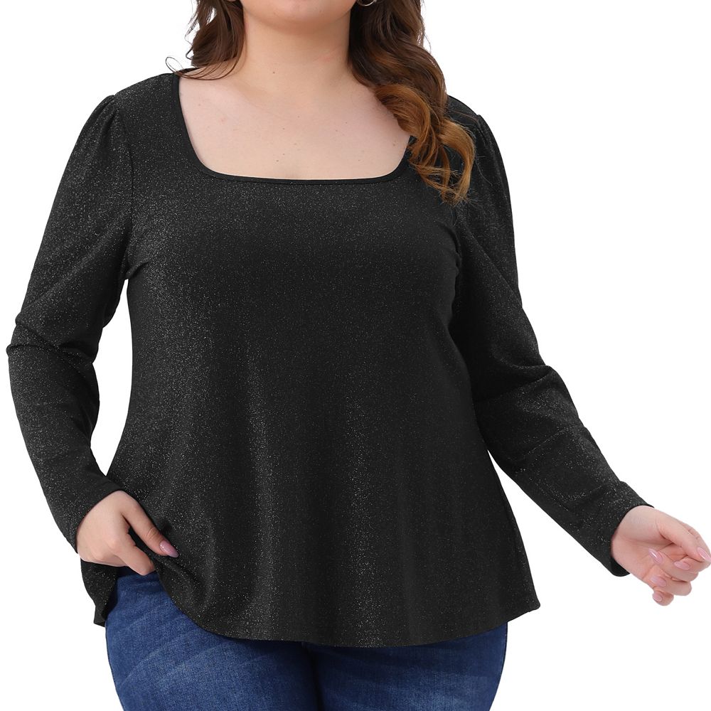 Women's Plus Size Top Party Glitter Square Neck Long Sleeve Shiny ...